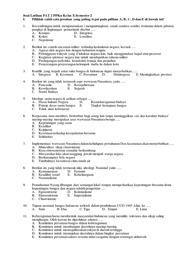 Soal Latihan PAT 2 PPKN Kelas X Semester 2 | PDF