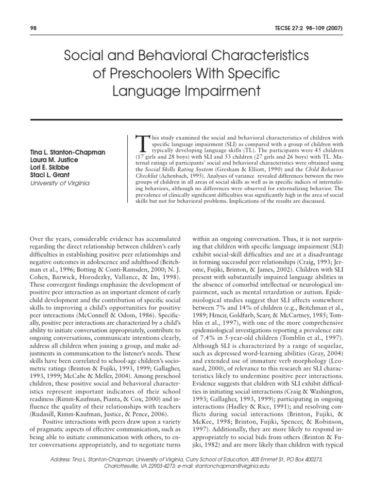 Stanton Chapman Et Al 2007 Social and Behavioral Characteristics of ...