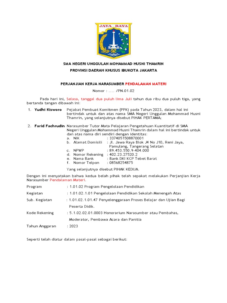 Perjanjian Kerja Narasumber SMA Thamrin | PDF