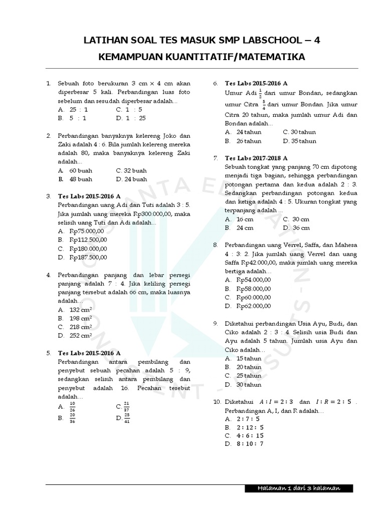 Latihan Soal Masuk SMP Labschool | PDF