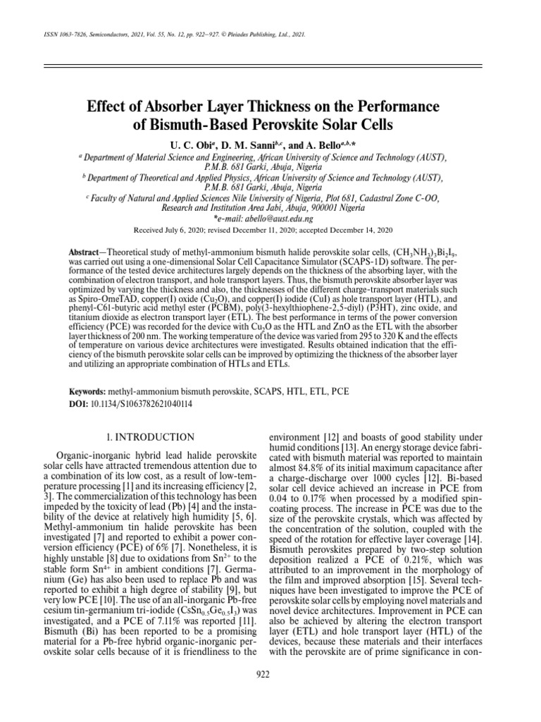 Bismuth Perovskite Solar Cell Efficiency | PDF | Chemistry | Materials ...