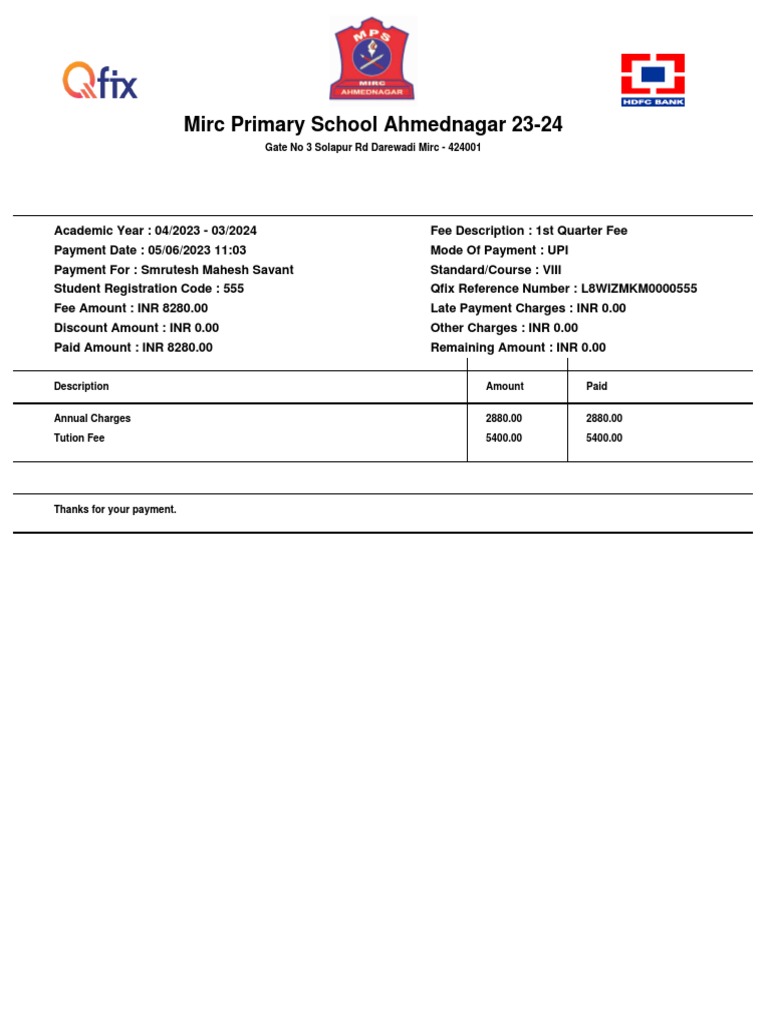 QFIX-PAYMENT-RECEIPT-1st Quarter Fee | PDF