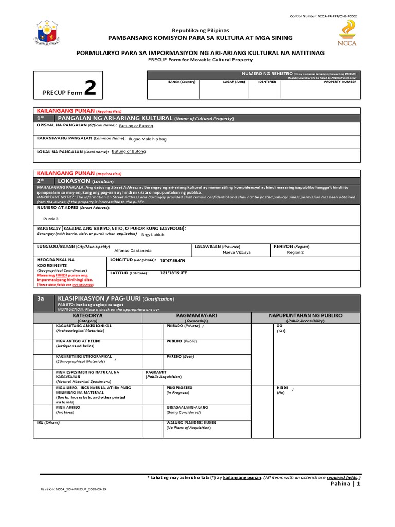 BUTONG Banag Reydante Form 2 PRECUP Form For Movable Cultural Property ...