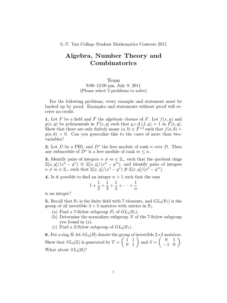 2011 Math Contest Problems: Algebra & Number Theory | PDF