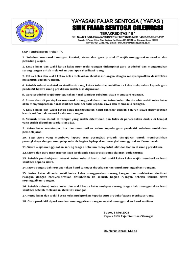 Protokol Pembelajaran SMK Fajar Sentosa | PDF