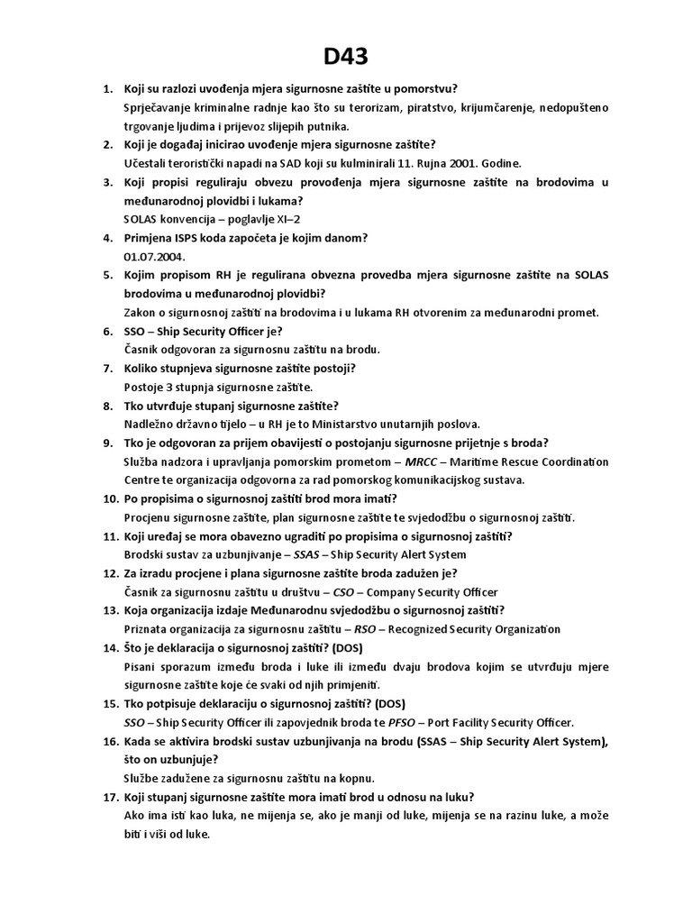 SSO - Ship Security Officer Ili Zapovjednik Broda Te PFSO - Port ...