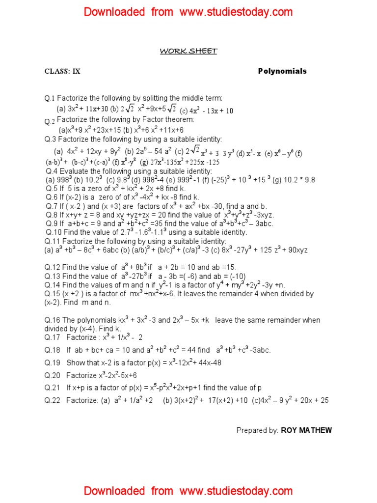 CBSE Class 9 Mathematics Worksheet - Polynomials (1 | PDF | Teaching Methods & Materials