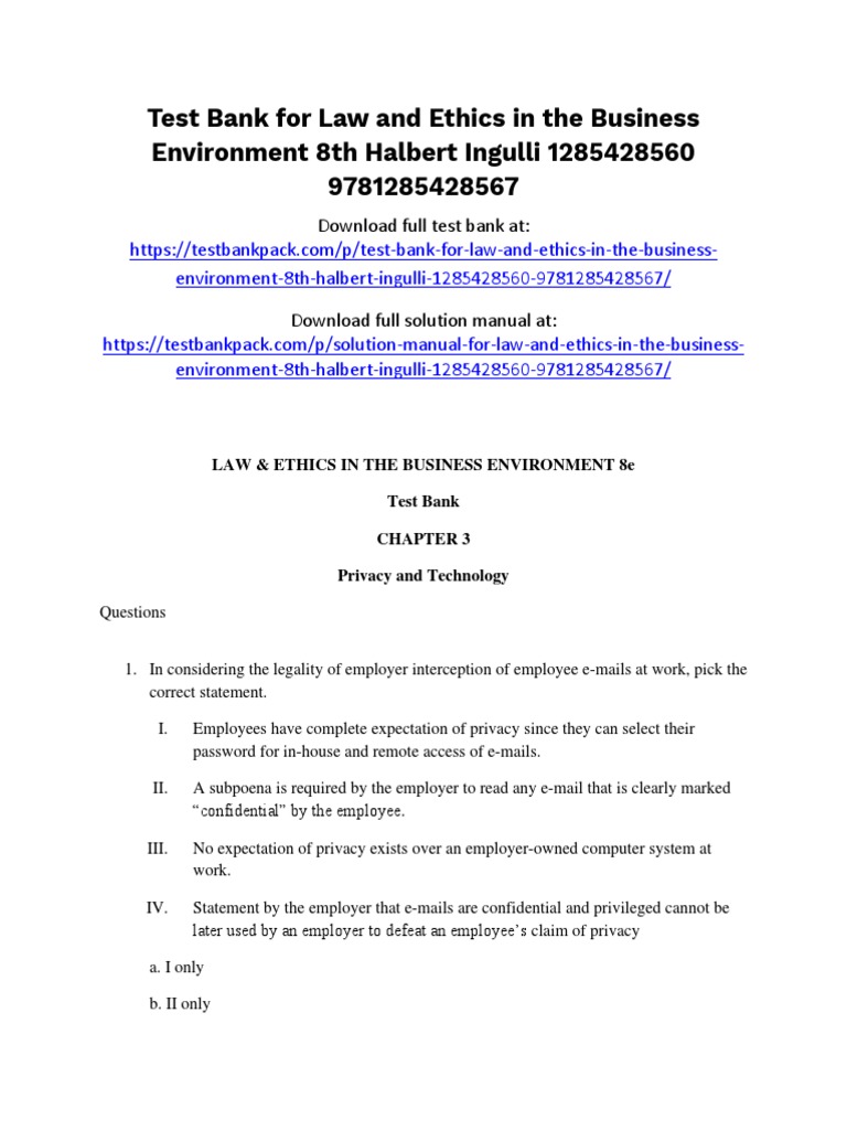 Law and Ethics in The Business Environment 8th Edition Halbert Test ...