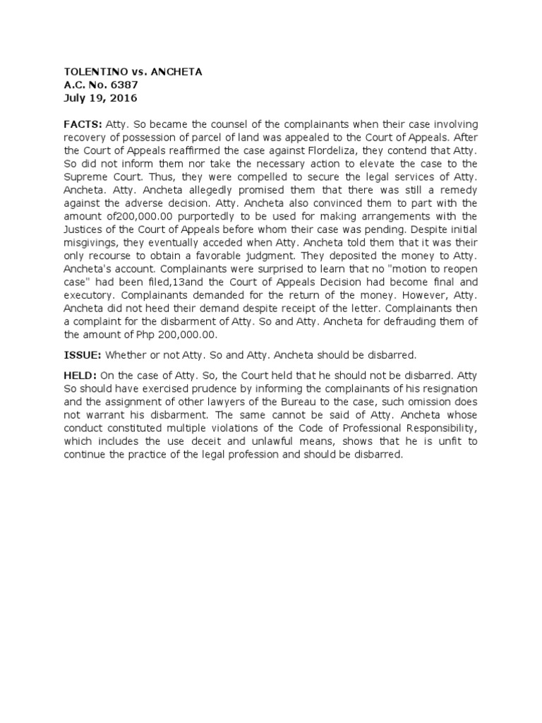 Tolentino v. Ancheta Digest | PDF | Law