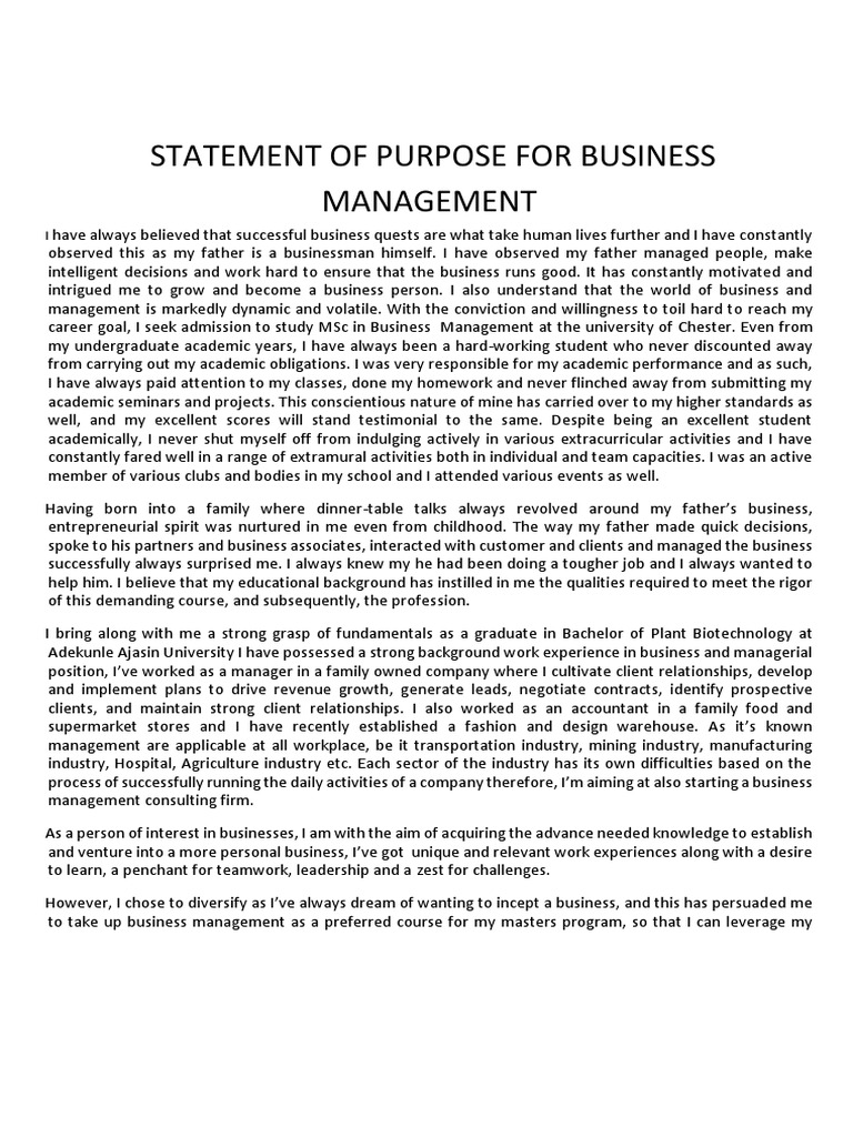 Statement of Purpose: MSc Business Management | PDF