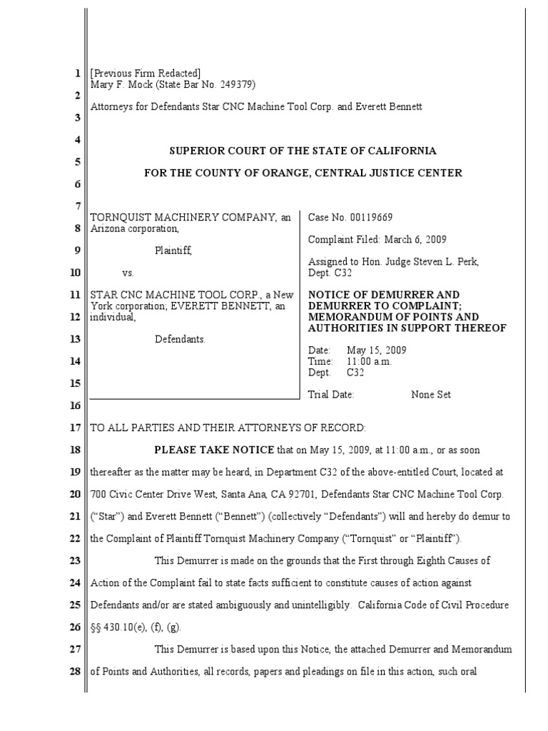 Defendants' Demurrer To Complaint | PDF | Demurrer | Cause Of Action