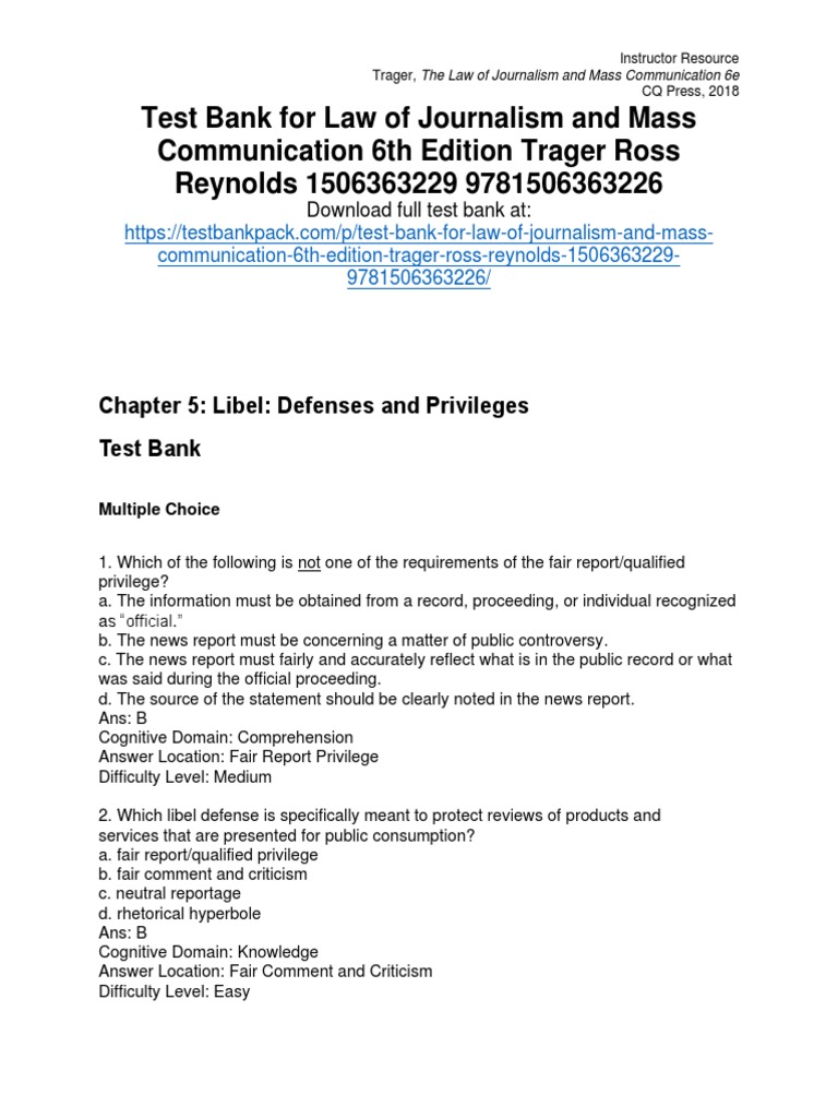 Libel Defenses Test Bank 6th Ed | PDF | Defamation | Blog