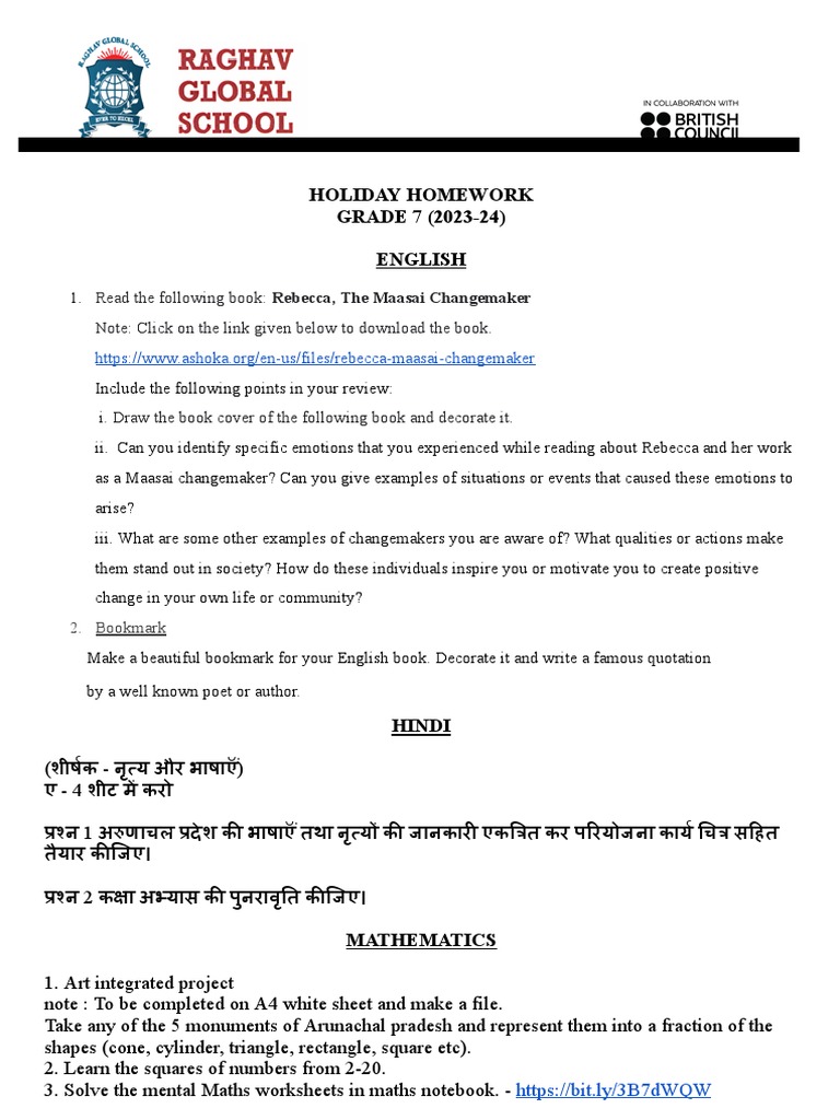 Holiday Homework GRADE 7 (2023-24) English: Read The Following Book ...