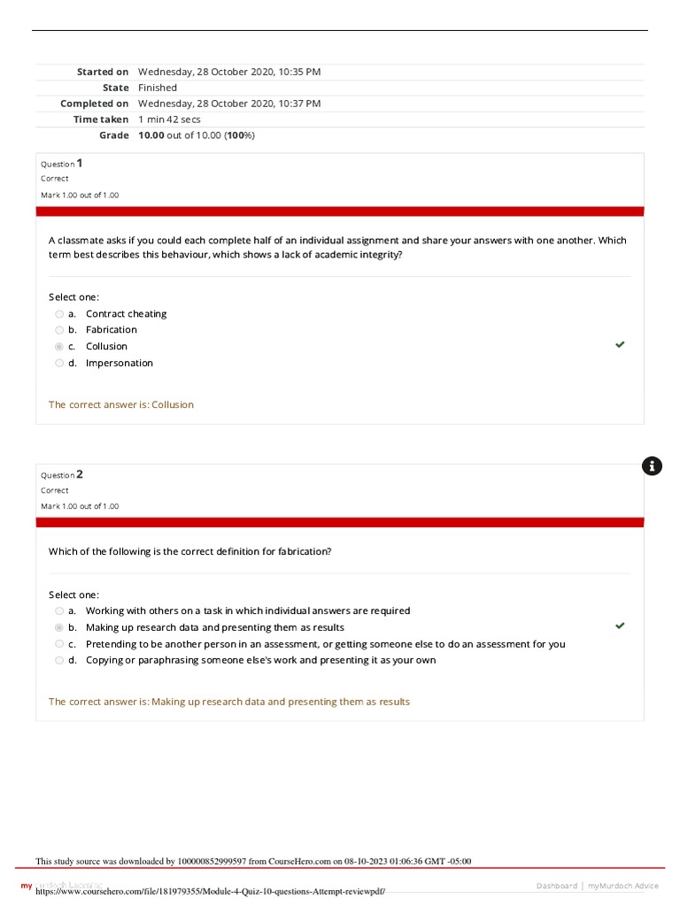 Module 4 Quiz 10 Questions Attempt Review.pdf (1) | PDF | Academic Integrity | Plagiarism