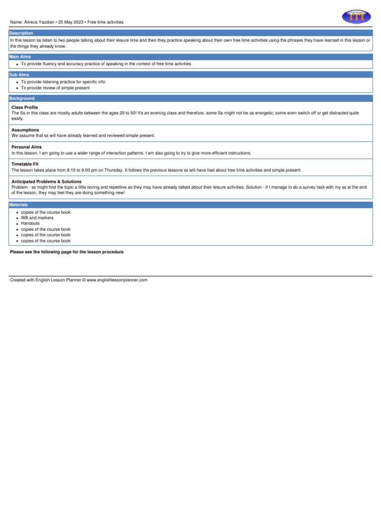 LP - Free Time Activities - Alireza Yazdian | Download Free PDF | Communication | Behavior ...