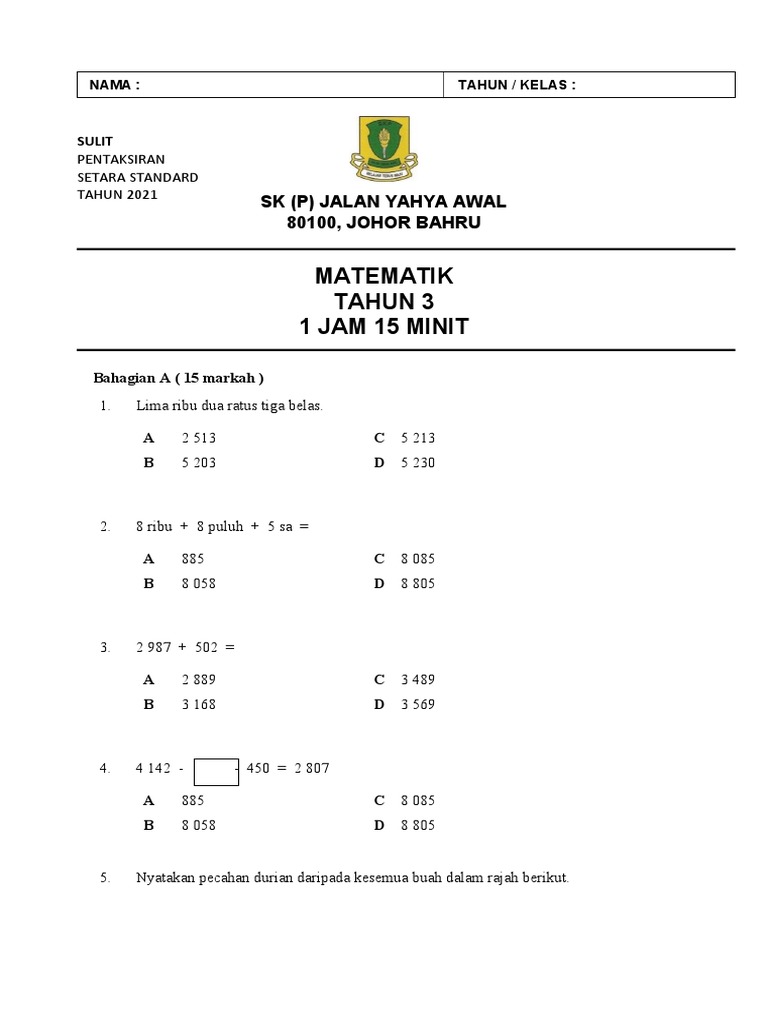 Soalan Ujian MT THN 3 | PDF