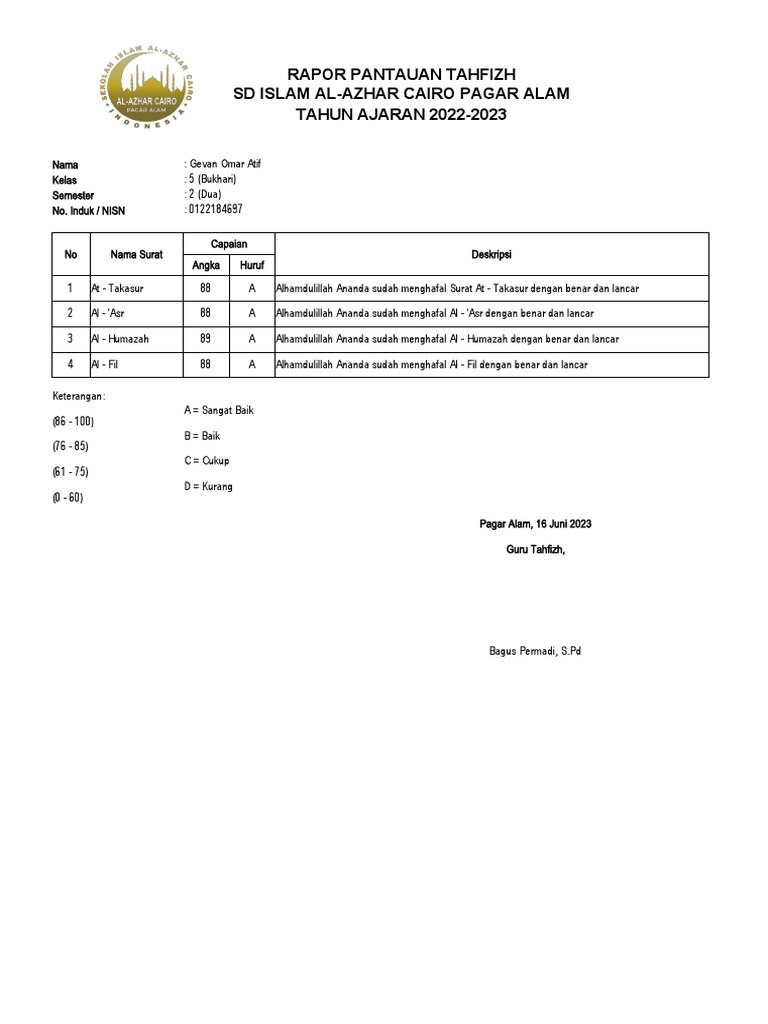 Raport Tahfiz Kelas 5 | PDF