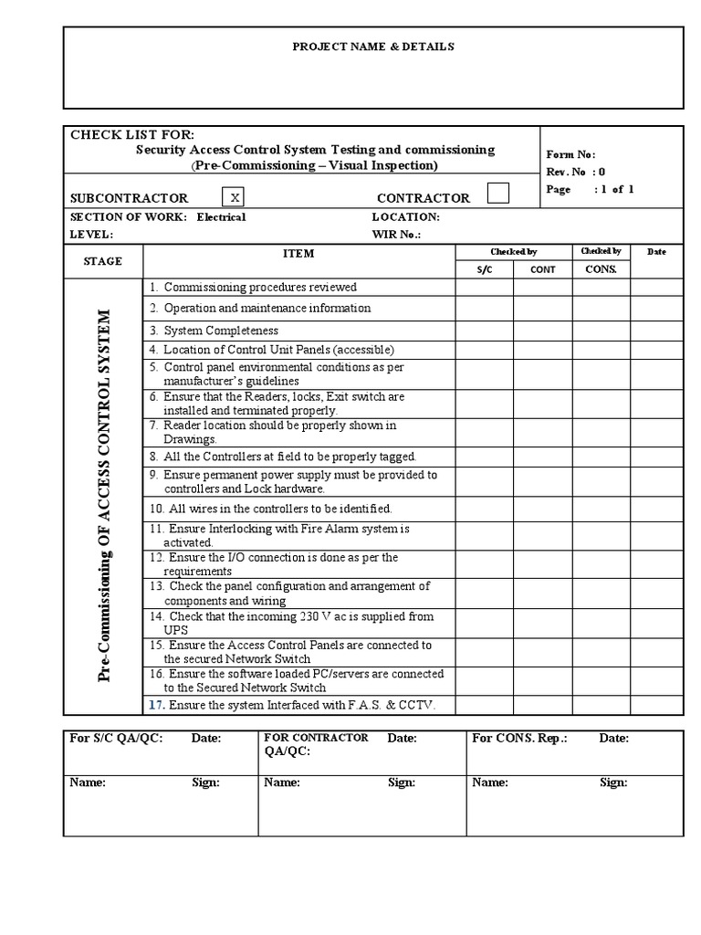 Pre Commissioning Check List For Access Control System | PDF