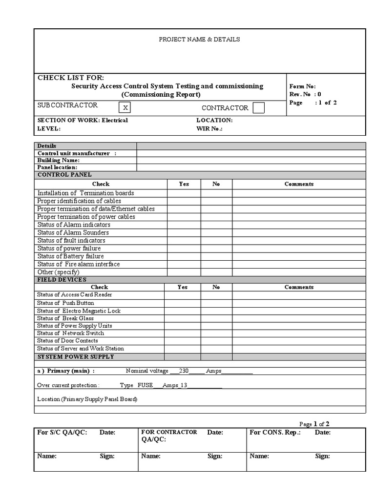 Commissioning Check List For Access Control System | PDF