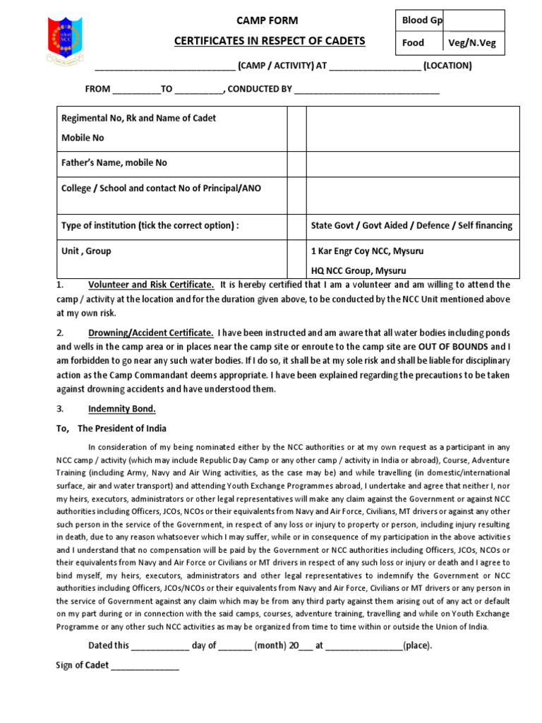 New Camp Form-1 | PDF