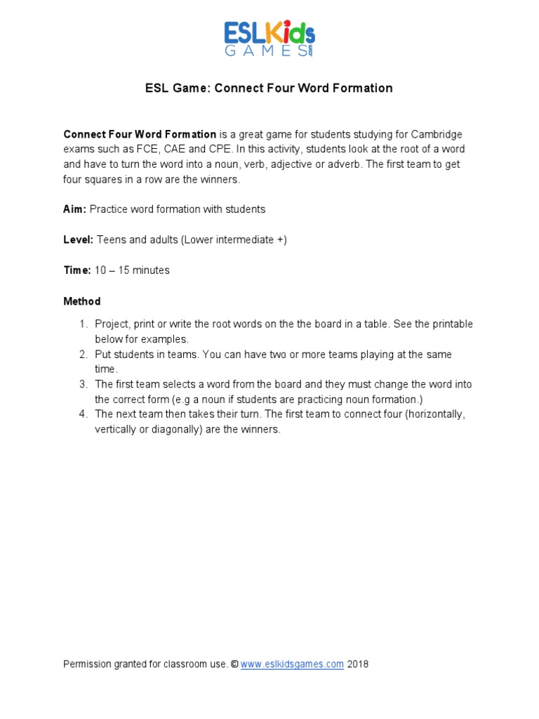 ESL Game - Connect Four Word Formation | PDF