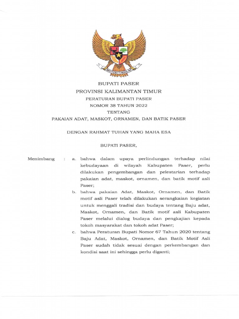 Perbup Nomor 38 Tentang Pakaian Adat Maskot Ornamen Dan Batik Paser | PDF