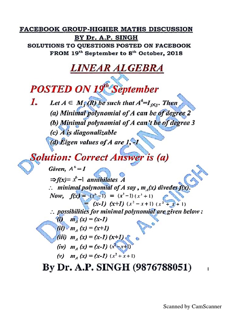 Linear Algebra Solution Set by A. P. Singh | PDF