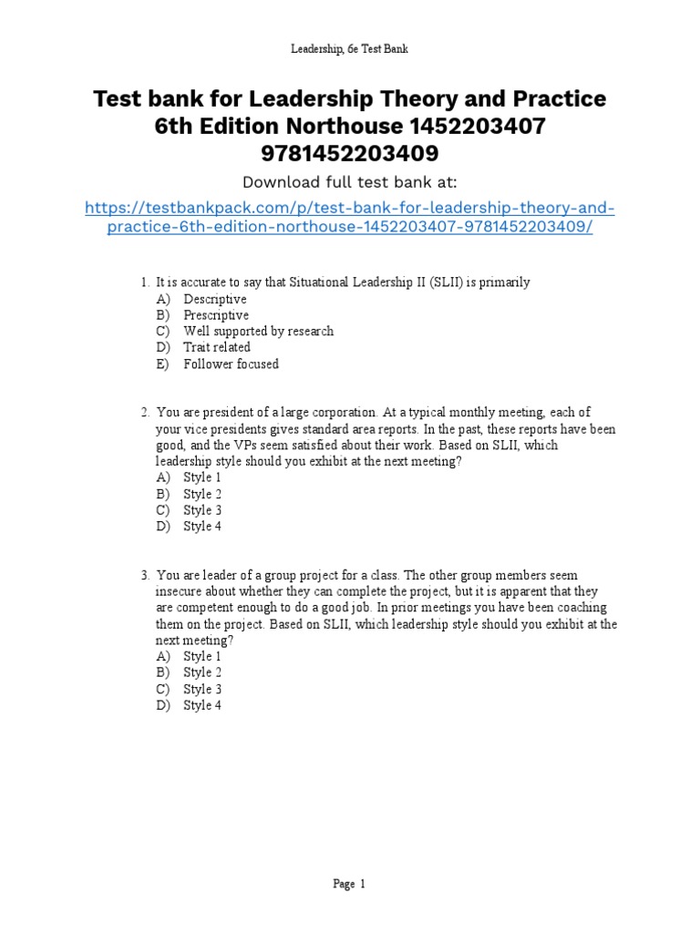 Leadership Theory and Practice 6th Edition Northouse Test Bank 1 | PDF ...