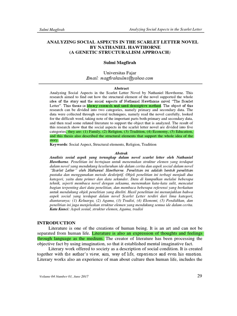 Analyzing Social Aspects in The Scarlet Letter Novel by Nathaniel ...