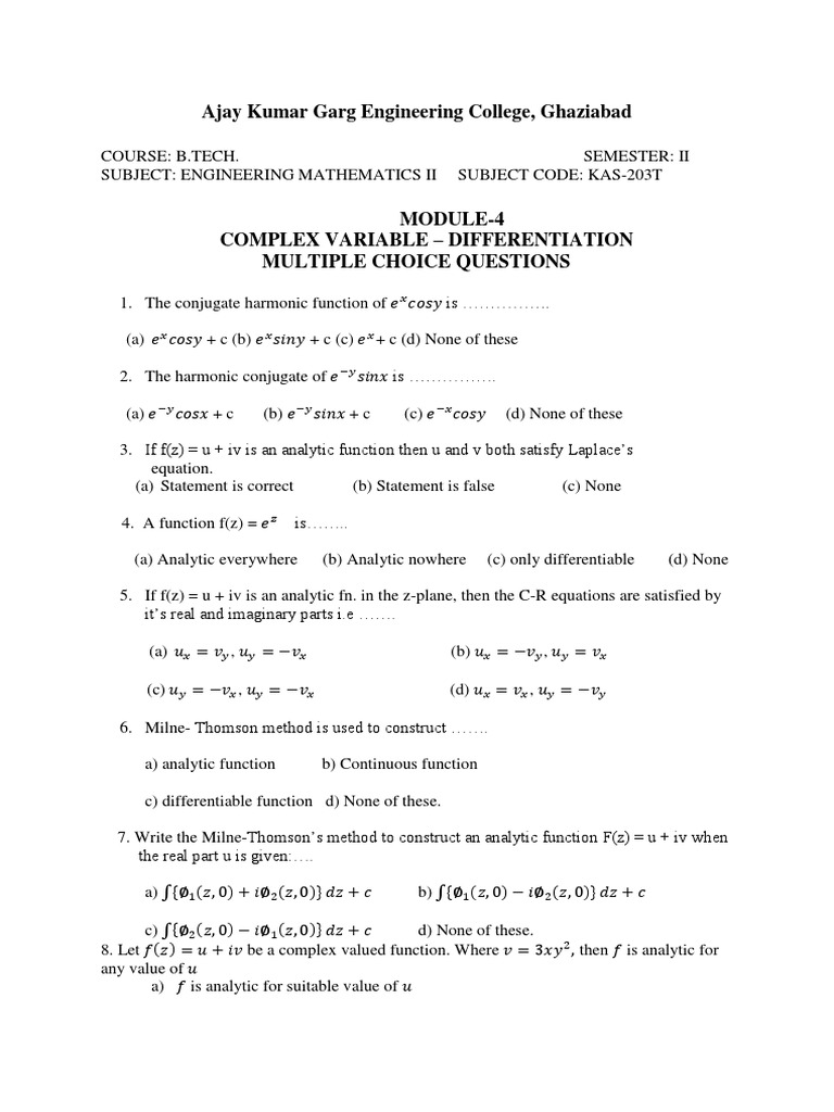 Module IV (QB) | PDF | Holomorphic Function | Mathematical Concepts