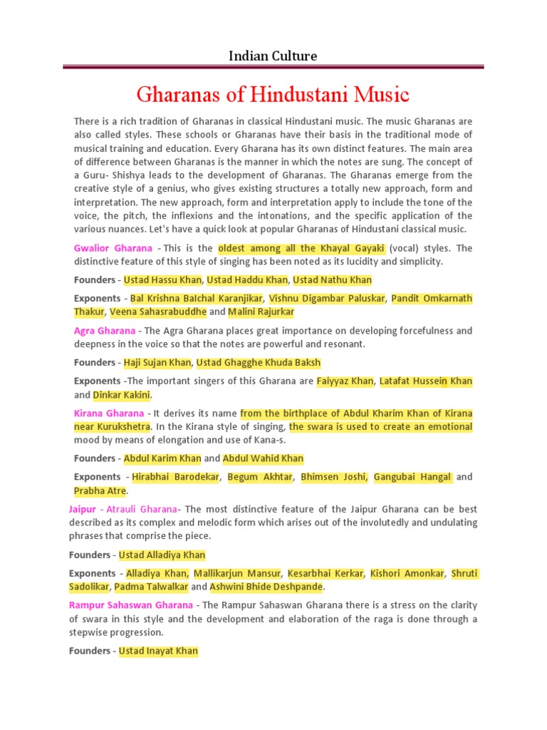 GHARANAS of Hindustani Music | PDF
