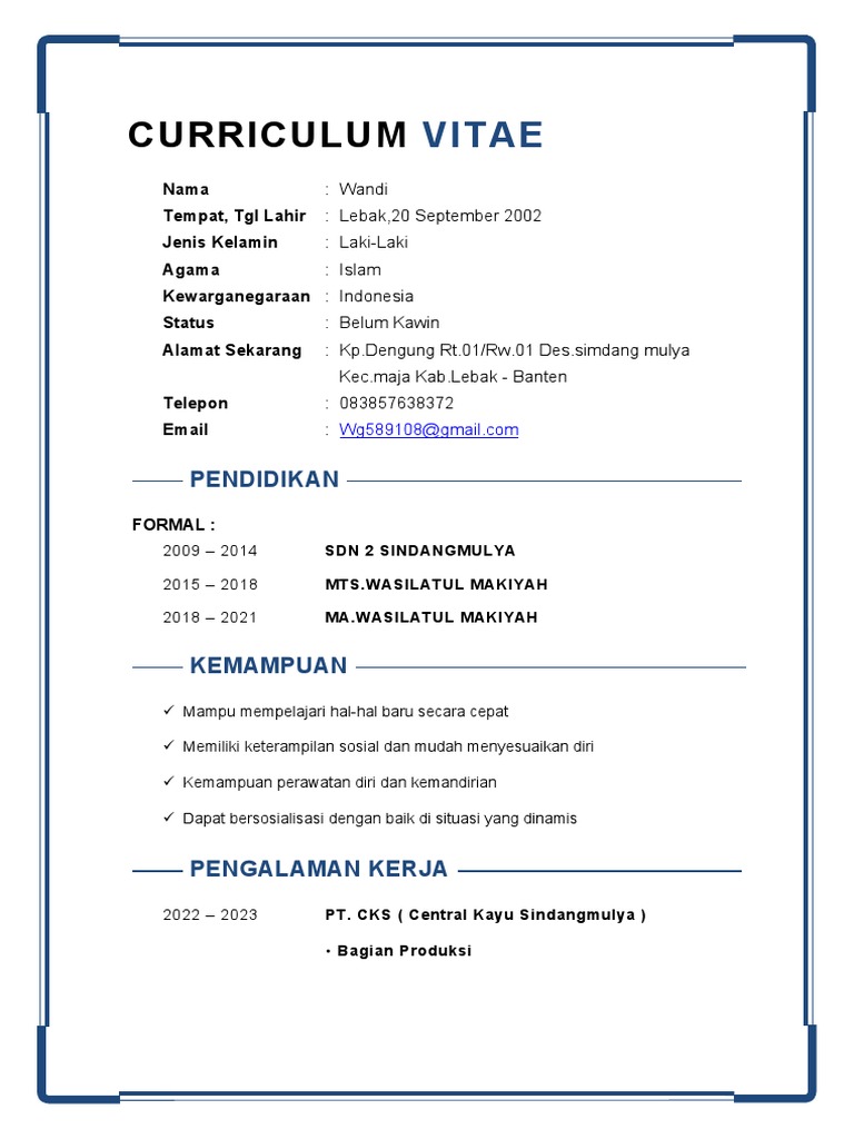 CV Wandi untuk Lamaran Kerja | PDF