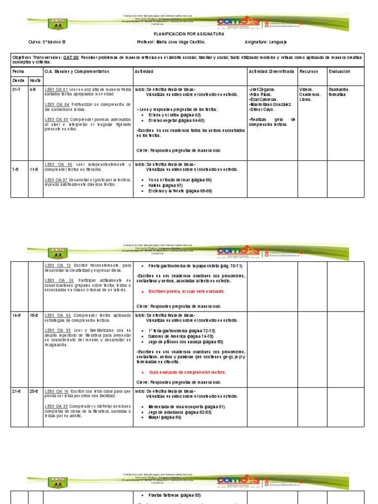 Planificacion Lenguaje, Tercero Basico B, Agosto... | PDF