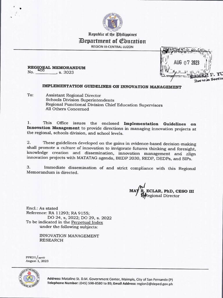 RM No. 408, S.2023 - Implementation Guidelines On Innovation Management | PDF