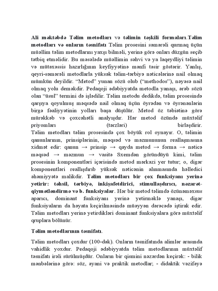 Ali Məktəbdə Təlim Metodları Və Təlimin Təşkili Formaları | PDF