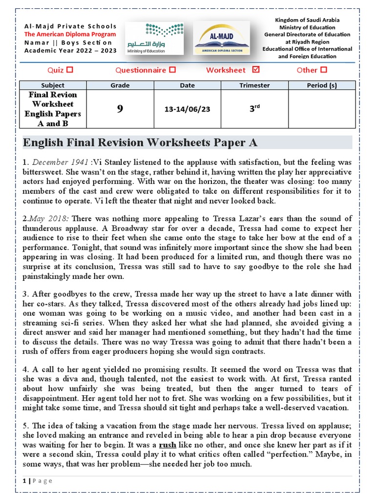Grade 9 Third Trimester English Final Exam Revision Paper A and B | PDF ...