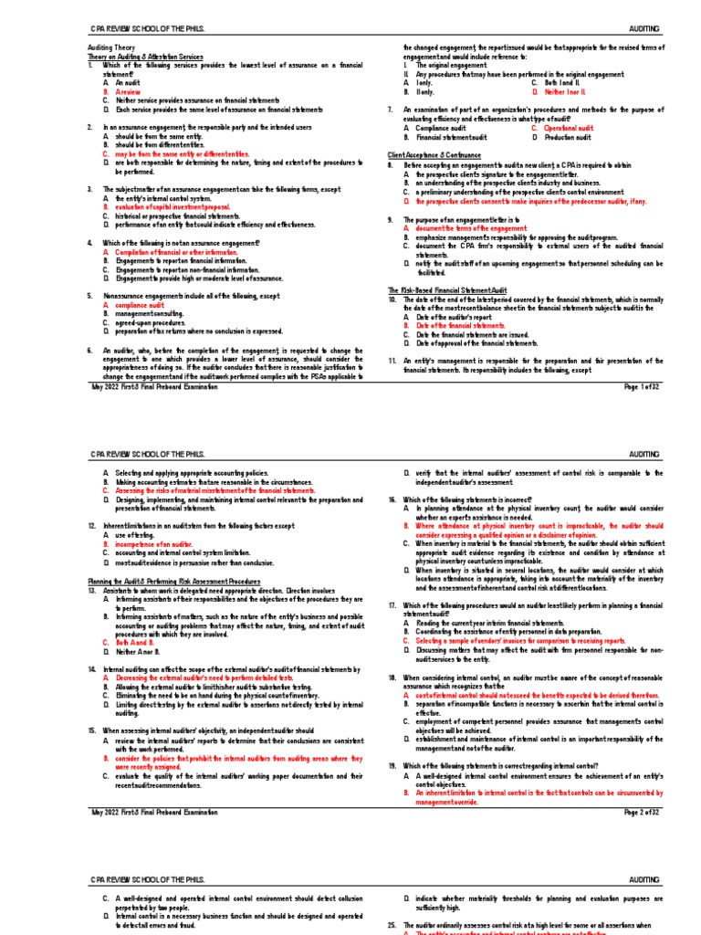 CPAR AUD 2205 1st Final Preboard 140 | PDF | Financial Audit | Internal Control