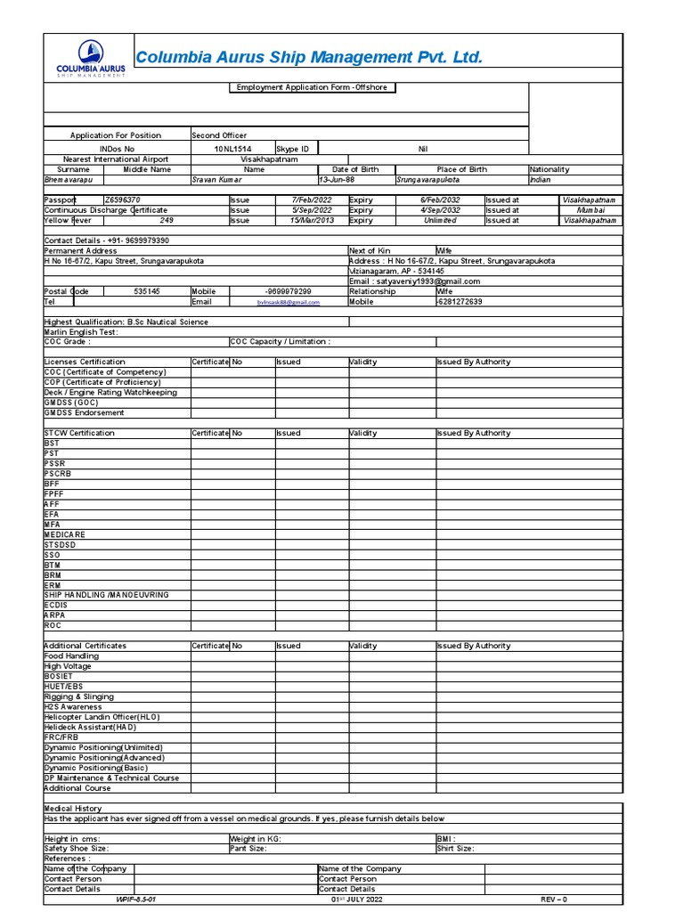 Second Officer Employment Application Form | PDF