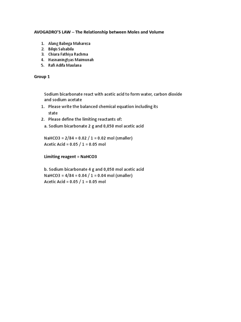 Avogadro's Law - Group Worksheet | PDF