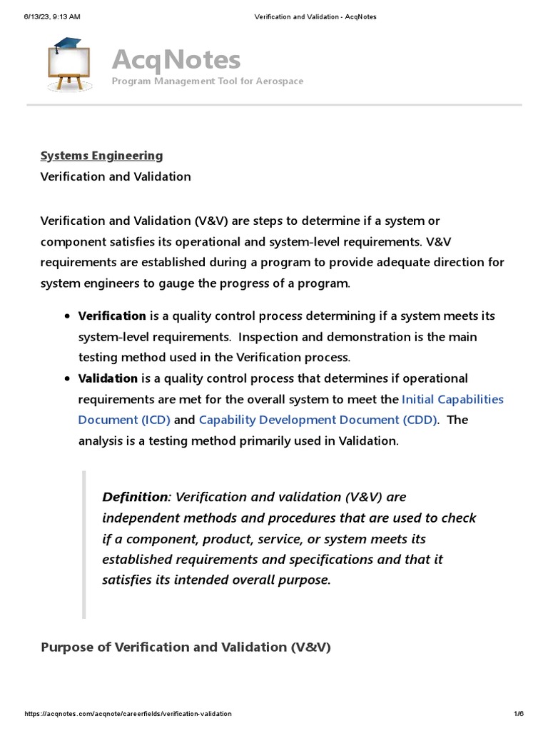 Verification and Validation - AcqNotes | PDF | Verification And ...