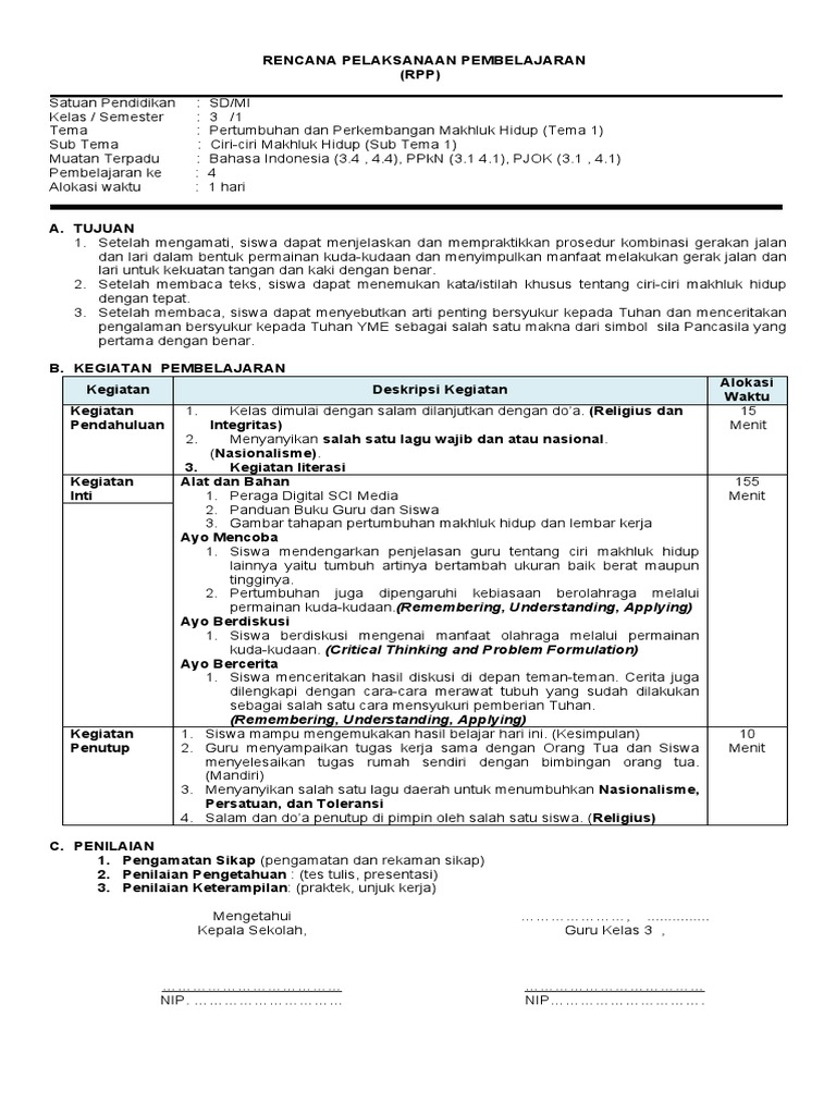RPP Tema 1 Subtema 1 Ciri-Ciri Makhluk Hidup Kelas 3 Semester 1 | PDF