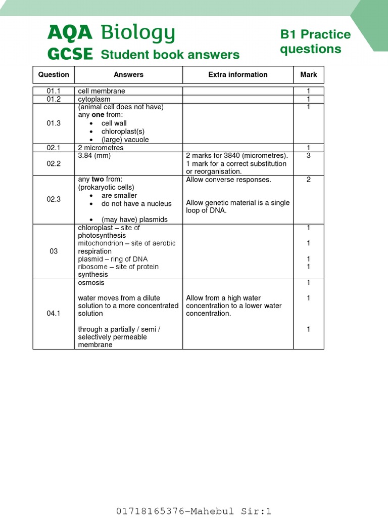 Samian AQA Biology GCSE Combined B1 Practice Answers | PDF | Cell ...