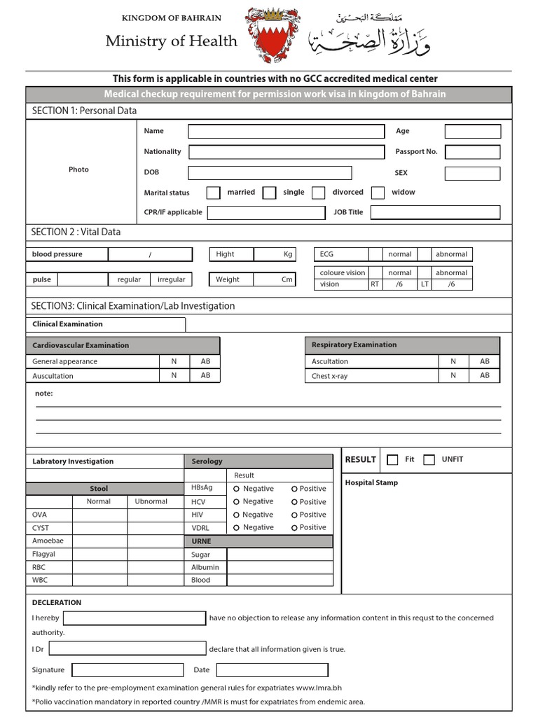 Bahrain Work Visa Medical Requirements | PDF | Physical Examination ...
