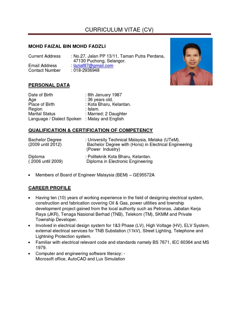 Curriculum Vitae (CV) - Mohd Faizal Bin Fadzli - 2023 | PDF ... Curriculum Vitae (CV) - Mohd Faizal Bin Fadzli - 2023 | PDF ...