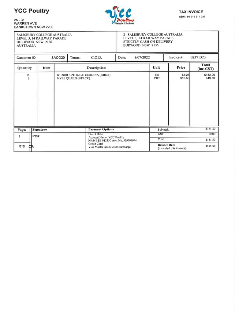 SITXFSA008 - Invoice-YCC Poultry | PDF