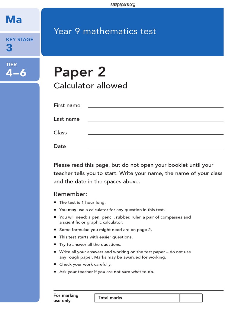 KS3 Year 9 Maths 2011 - Paper 2 - Level 4-6 | PDF