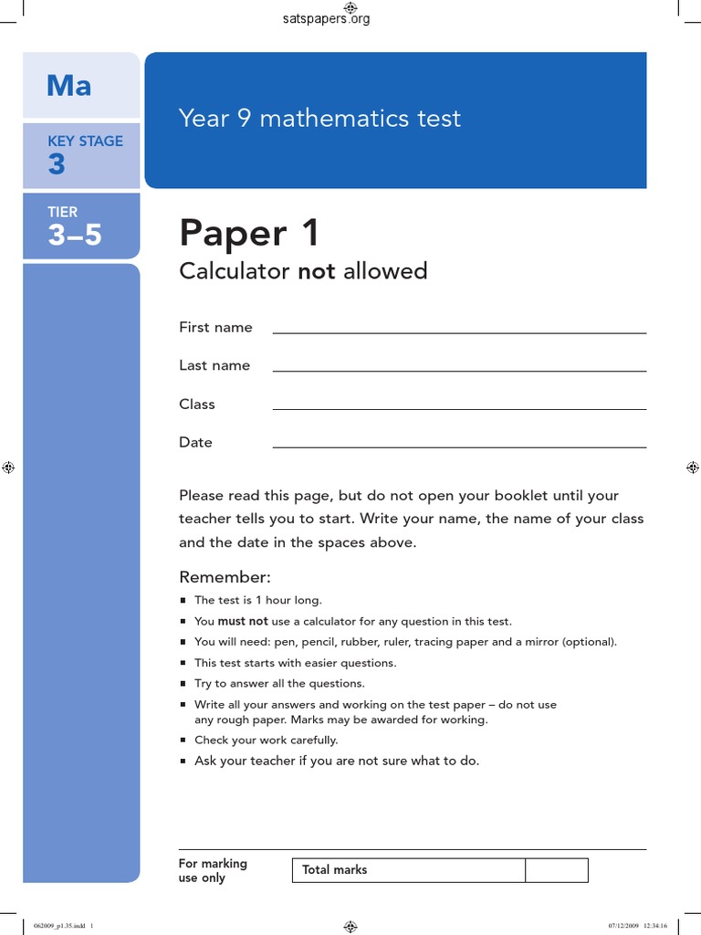 Year 9 KS3 Maths Test Paper 2010 | PDF