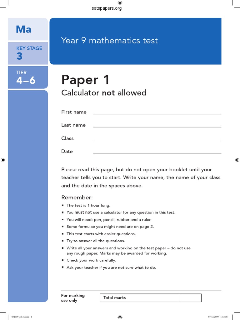 KS3 Year 9 Maths SAT 2010 Paper 1 - Level 4-6 | PDF | Area | Speed