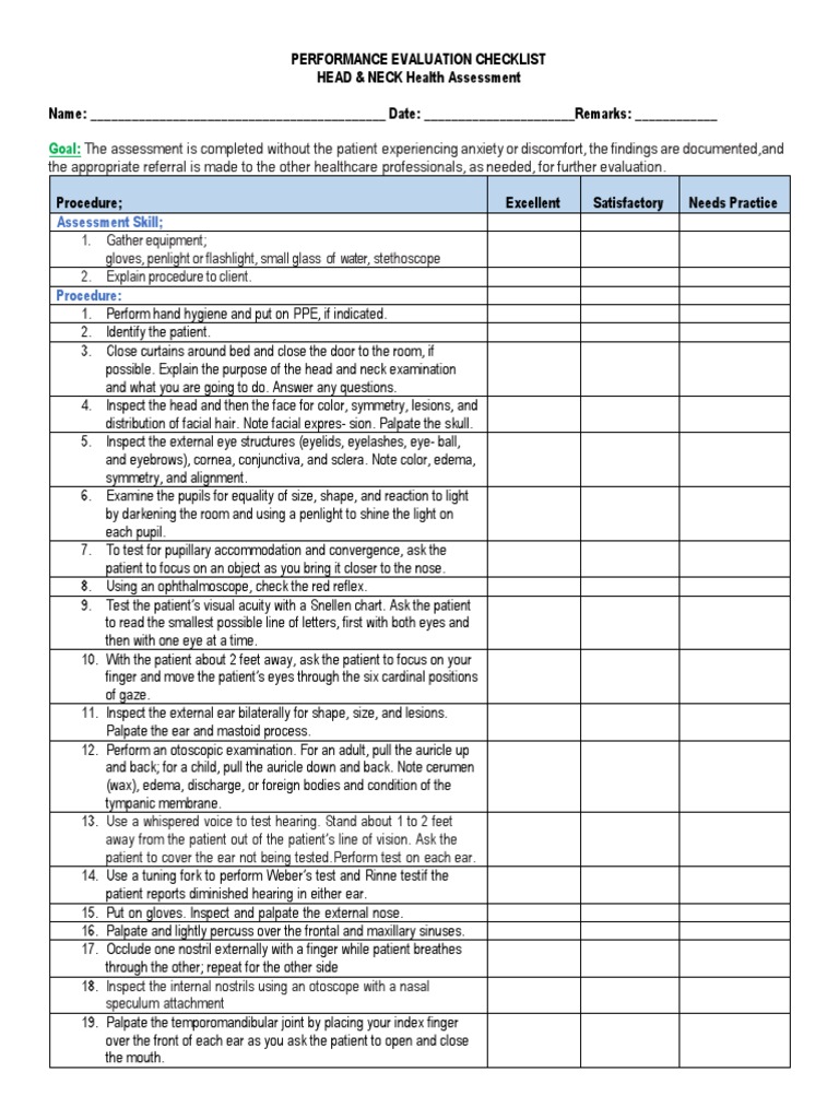PERFORMANCE-EVALUATION-CHECKLIST-HEAD | PDF | Neck | Thorax