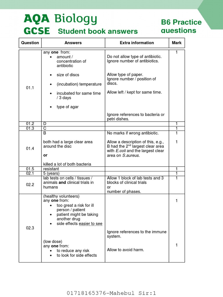 Samian AQA Biology GCSE Combined B6 Practice Answers | PDF
